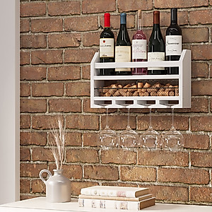 Wallniture Blanc Wine Rack Wall Mounted, Wall Wine Bottle Holder with Wine Glass Rack, Wall Mount Wine Holder with Wine Cork Holder, Rustic Wall Wine Rack for Wine Bottles, Burnt White, Wood