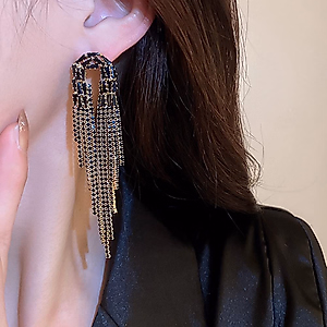 fxmimior Women Prom Black Fashion Long Chain Halloween Gold Rhinestone Dangle Black Earrings Gothic Style For Women and Girls