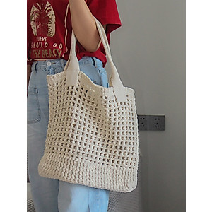 ENBEI Womens Large Beach Tote Bags Shoulder Handbags knit bag Tote bag aesthetic for Beach Crocheted tote cute Tote bags (white)