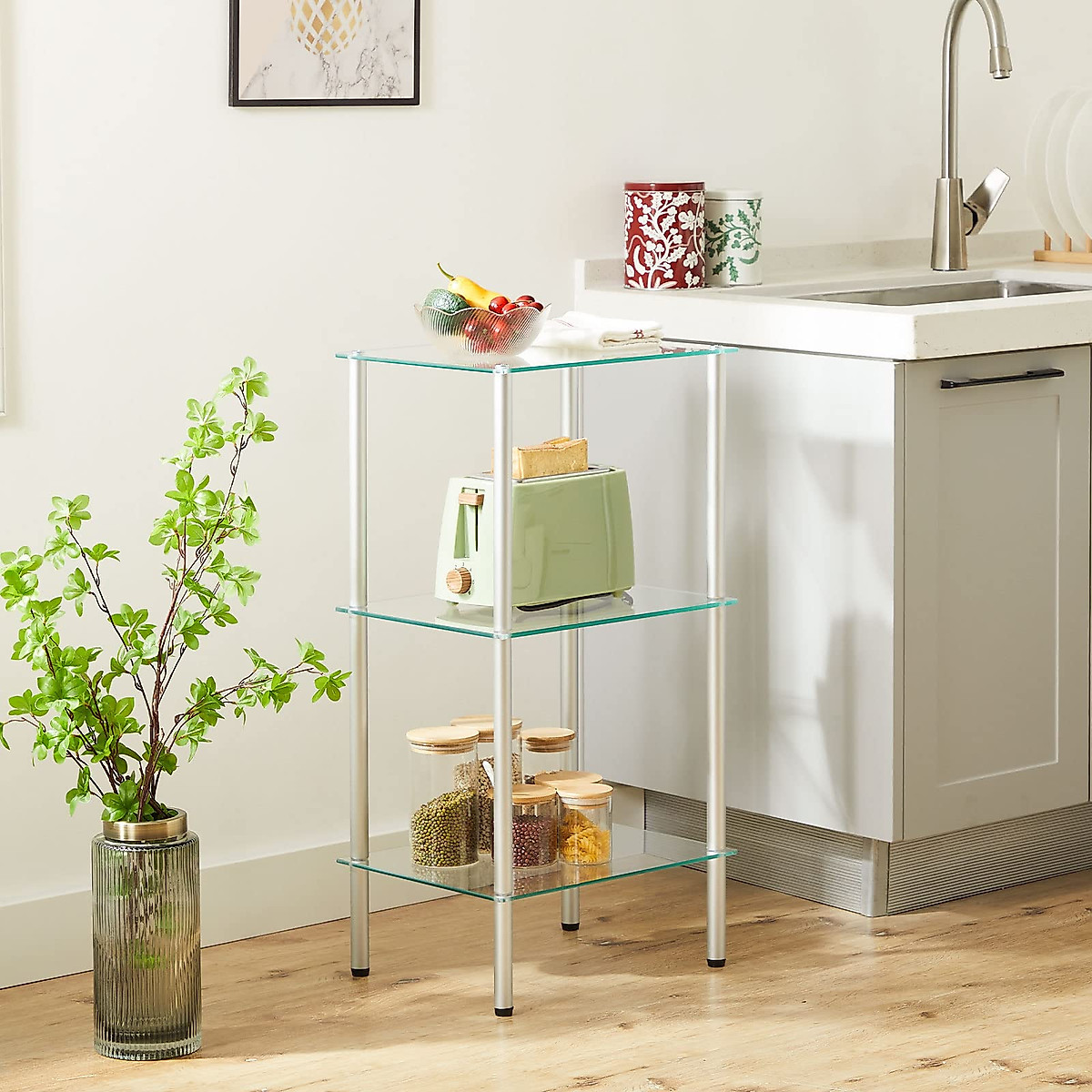 HOOBRO Glass Shelf, 3 Tier Standing Shelf Unit, Durable Glass Shelving Stand for Small Space, Space-Saving, for Bathroom, Bedroom, Home Office, Tempered Glass, Steel Frame, Silver SV03CJ01