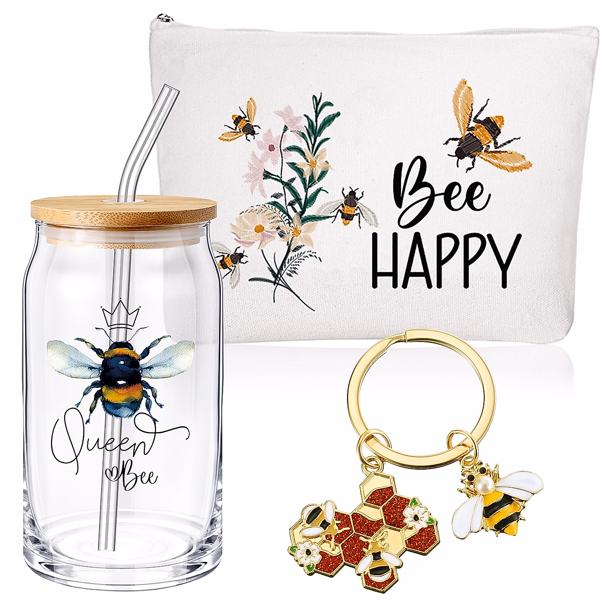 Hushee Set of 3 Bee Theme Gifts Honey Bee Cup Wine Glass with Lid Straw and Bee Makeup Bag and Bee Keychain for Thanksgiving Christmas Gifts for Women Teachers Employee Bee Lovers
