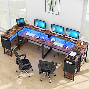 Loomie L Shaped Computer Desk with Power Outlets, 55"Wx41"D Reversible Corner Desk with LED Light, Drawer & Monitor Stand,Home Office Gaming Desk with 4 Tier Storage Shelves & Bag, Study Table,Rustic