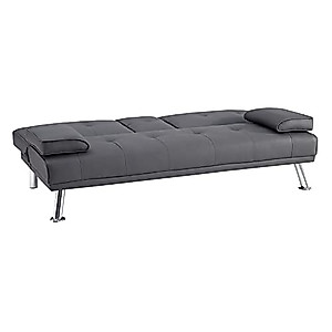 Naomi Home Futon Sofa Bed, Faux Leather Futon Couch with Armrest and 2 Cupholders, Pull Out Sofa Bed Couch Convertible with Metal Legs, Folding, Reclining Couch Bed, Futon Bed for Living Room - Gray