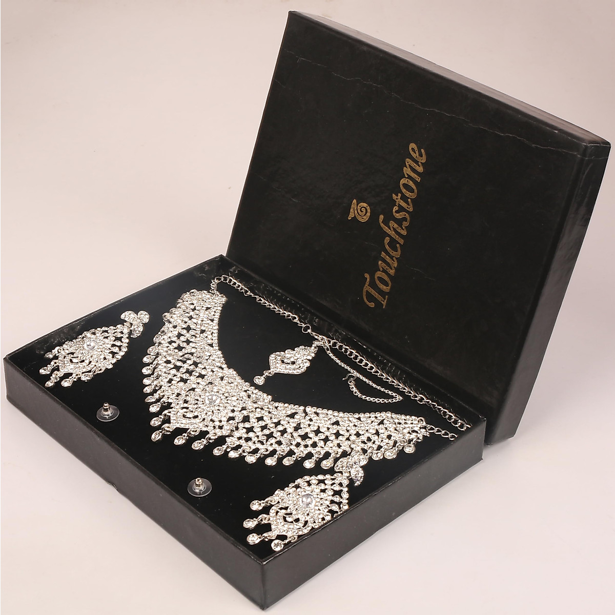 Touchstone Indian Bollywood Masterly Created Sparkling White Rhinestones Studded Look Grand Bridal Jewelry Necklace Earrings Mangtika Set In White Tone For Women.