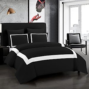High Kotton 5 Piece Luxury Full Black and White Border Line Pattern Duvet Cover Zipper Closer & Corner Ties 1000 TC, 100% Egyptian Cotton - (Super King-Size)