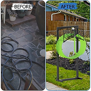 JessYo Garden Hose Holder Stand Water Hose Caddy with 4 Spikes, Freestanding Heavy Duty Metal Hose Storage Holds 150-feet Hose, Outdoor Hose Rack Hose Hangers for Outside Yard Lawn, Black