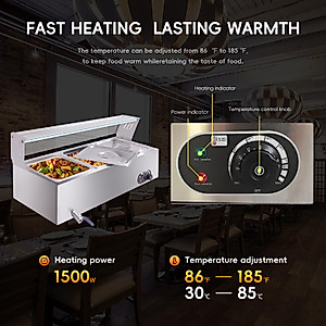 Fashionwu Commercial Grade Stainless Steel Food Warmer, Countertop Steam Table Food Warmer with Tempered Glass Shade Temperature Control for Parties, Catering, Restaurants, 3 x 12QT