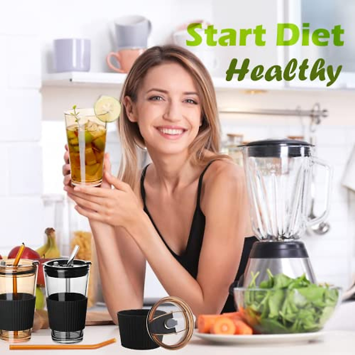 Glass Tumbler with Lid and Straw, Leakproof Glass Cups with Lids and Straws, 3-Way to Drink Drinking Glasses, Iced Coffee Cup Silicone Sleeve Smoothie Cup, Boba Cup for Travel Office Picnic (black)