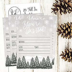 25 Woodland Christmas Holiday Invitations, Snowflake Winter New Years Xmas Dinner Party Invite, Rustic Adult Kids Birthday Festive Event Themed Cards, Forest Tree Baby Bridal Shower Ideas Supplies