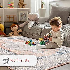 nuLOOM 5x8 Machine Washable Rain Haven Vintage Medallion Area Rug, Peach, Traditional Faded Design, Non-Slip Backing, Stain Resistant, For Bedroom, Dining Room, Living Room, Kitchen