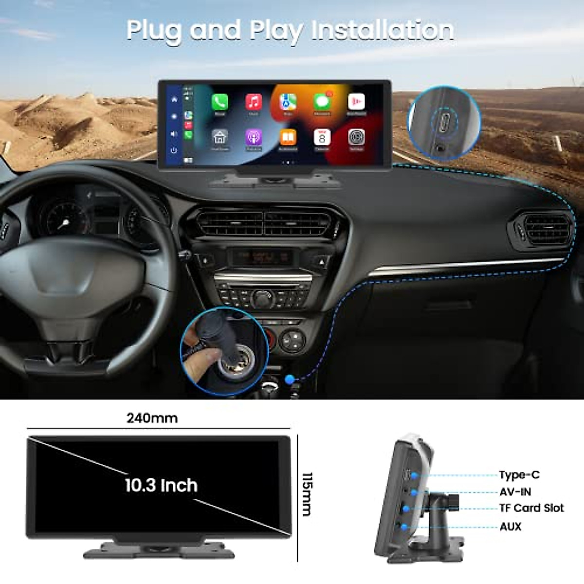 10.3 Inch Wireless Car Stereo Apple CarPlay with 1080P Backup Camera, Portable Wireless Android Auto Screen for Cars, Bluetooth Car Audio Receiver with AUX 64G TF Card