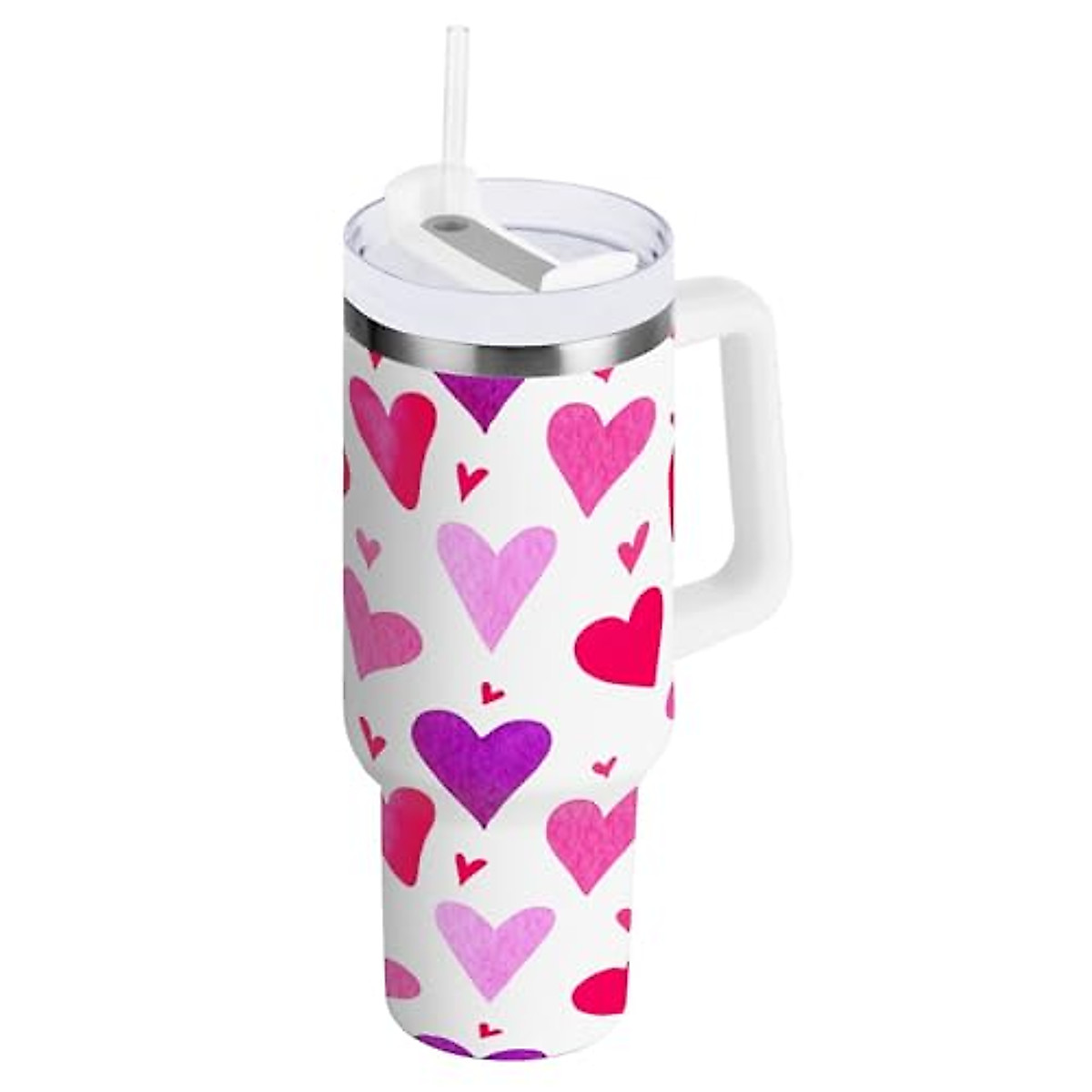 RPLIFE Watercolor Hearts White 40 Oz Tumbler with Handle, Stainless Steel Tumbler with Straw, Coffee Tumbler