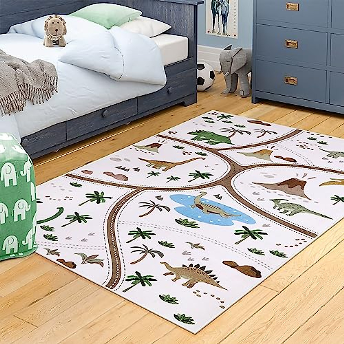 Lukinbox Kids Carpet Playmat Rug for Playroom, 4' x 6' Dinosaur Road Traffic Play Mat for Bedroom, Large Non-Slip Washable Children Nursery Area Rugs Baby Crawling Mat for Kids Room Safe Area