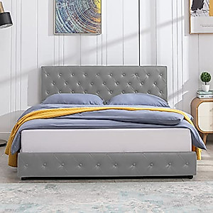 ZAFLY Upholstered California King Size Bed Frame with Tufted Headboard,PU Leather Platform Cal King Bed Frame with 4 Storage Drawers,Wooden Slats Support,No Box Spring Needed,Easy Assembly (Grey)