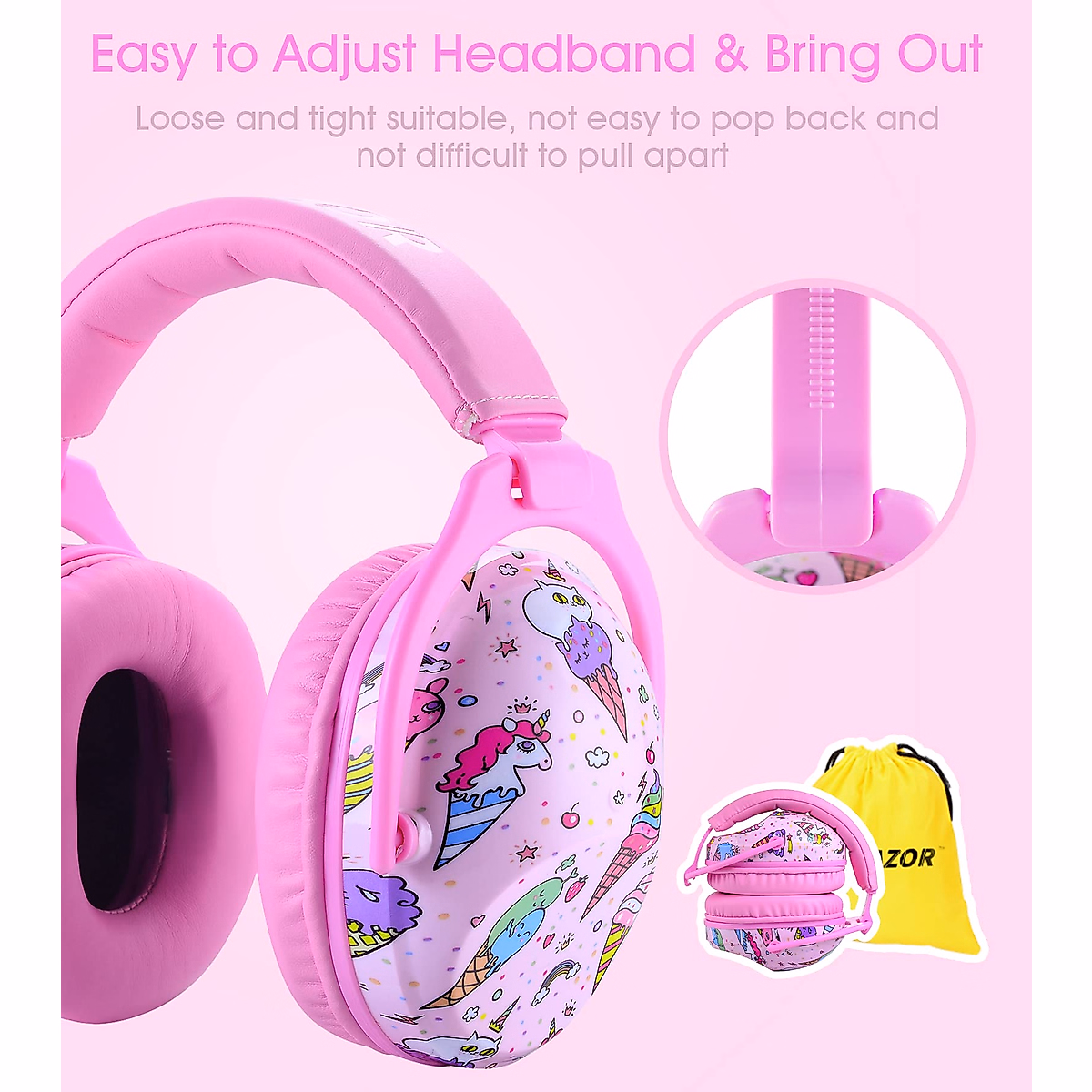 Hocazor HZ015 Kids Ear Protection-SNR 27dB Safety Earmuffs Durable Composite Material Hearing Protector Girls Noise Cancelling Headphones - Pink Ice Cream