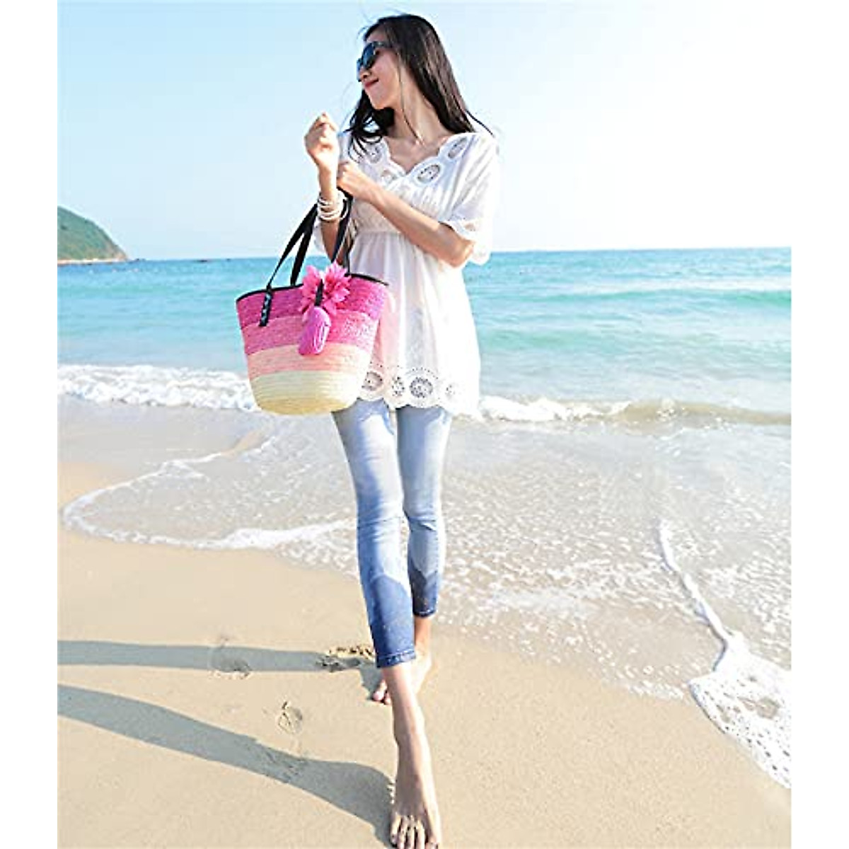 DAISHA Straw Bag Beach Bags for Women-Straw Large Beach Tote Bag-Summer Handwoven Shoulder Bags for Beach.,Red