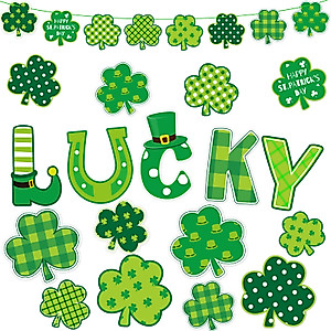77Pcs St. Patrick's Day Shamrock Cutouts Decorations Green Lucky Irish Paper Clover Cut-Outs Includes Glue Points and Rope for Classroom Bulletin Board Game Party Supplies