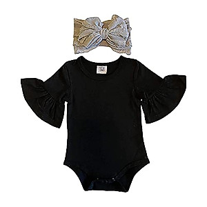Lotus Lane Baby Onesie Black Onesie Bell Sleeve Romper Flared Ruffle Bodysuit Stretchy Big Bow Headband Outfit