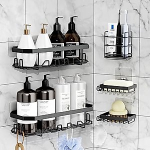 Wekin Shower Caddy Bathroom Organizer, Wall Mount Shower Organizer, No Drilling Rustproof Stainless Steel Self-Adhesive Shower Shelves for Bathroom and Kitchen Storage 5 Pack (Black 5 Pack)