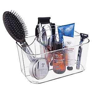 mDesign Small Plastic Shower/Bath Storage Organizer Caddy Tote with Handle for Dorm, Shelf, Cabinet - Hold Soap, Shampoo, Conditioner, Combs, Brushes, Lumiere Collection, Clear