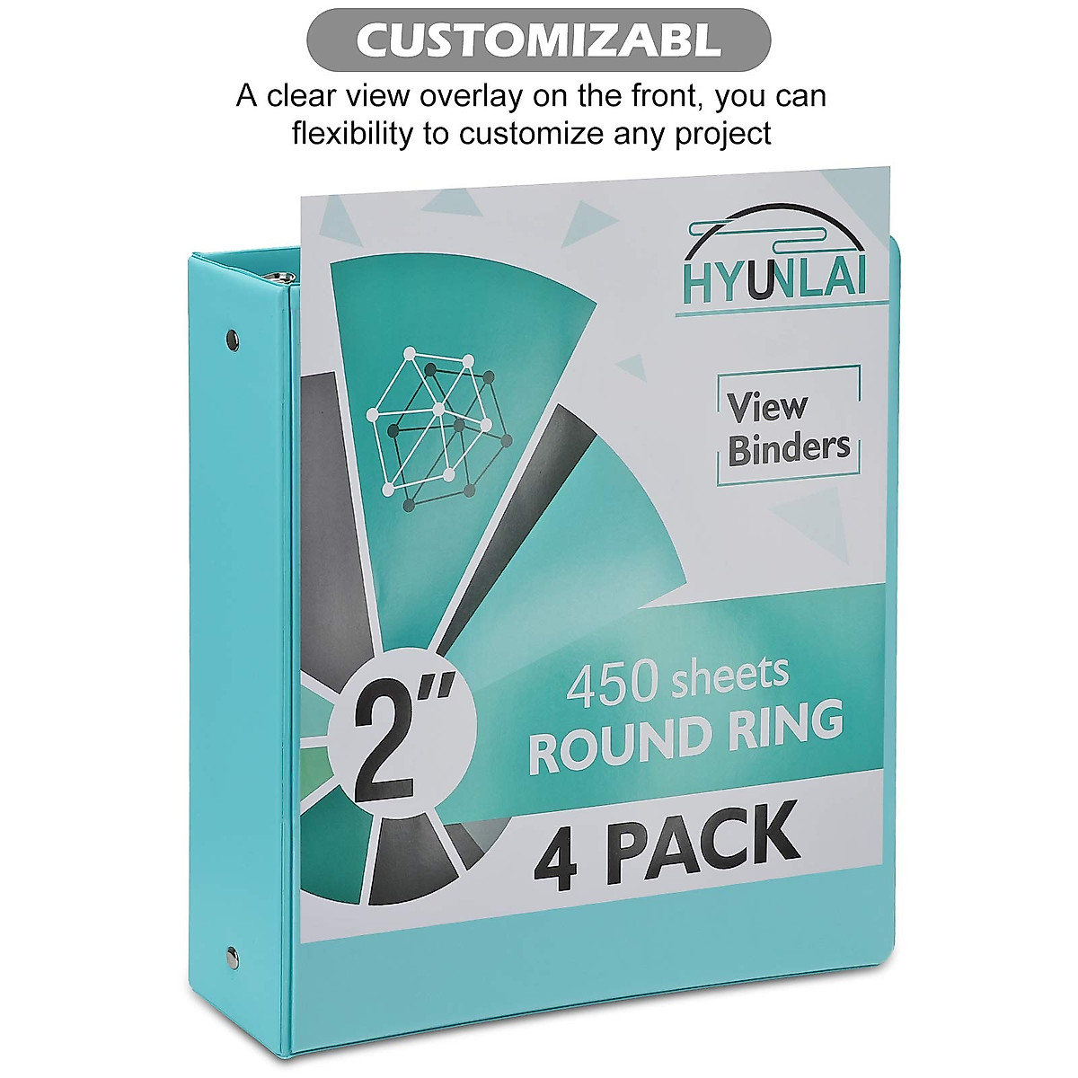 2 Inch 3 Ring Binder, HYUNLAI 2'' Round-Ring View Presentation View Binders, Holds Up to 8.5"11" Paper,Customizable Clear Cover,for Home,Office,and School Supply,4 Pack