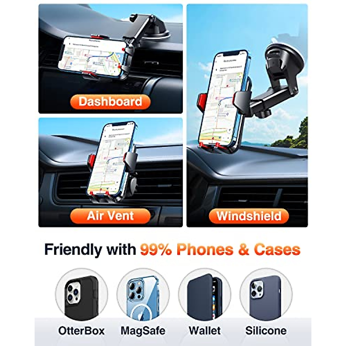 [Upgraded] VANMASS Car Phone Holder Mount [Anti-Slip Soft Silicone & Powerful Suction] Dashboard Windshield Universal Phone Holder Car, Compatible with iPhone 14 13 12 11 Pro Max &Truck/SUV/Jeep (Red)
