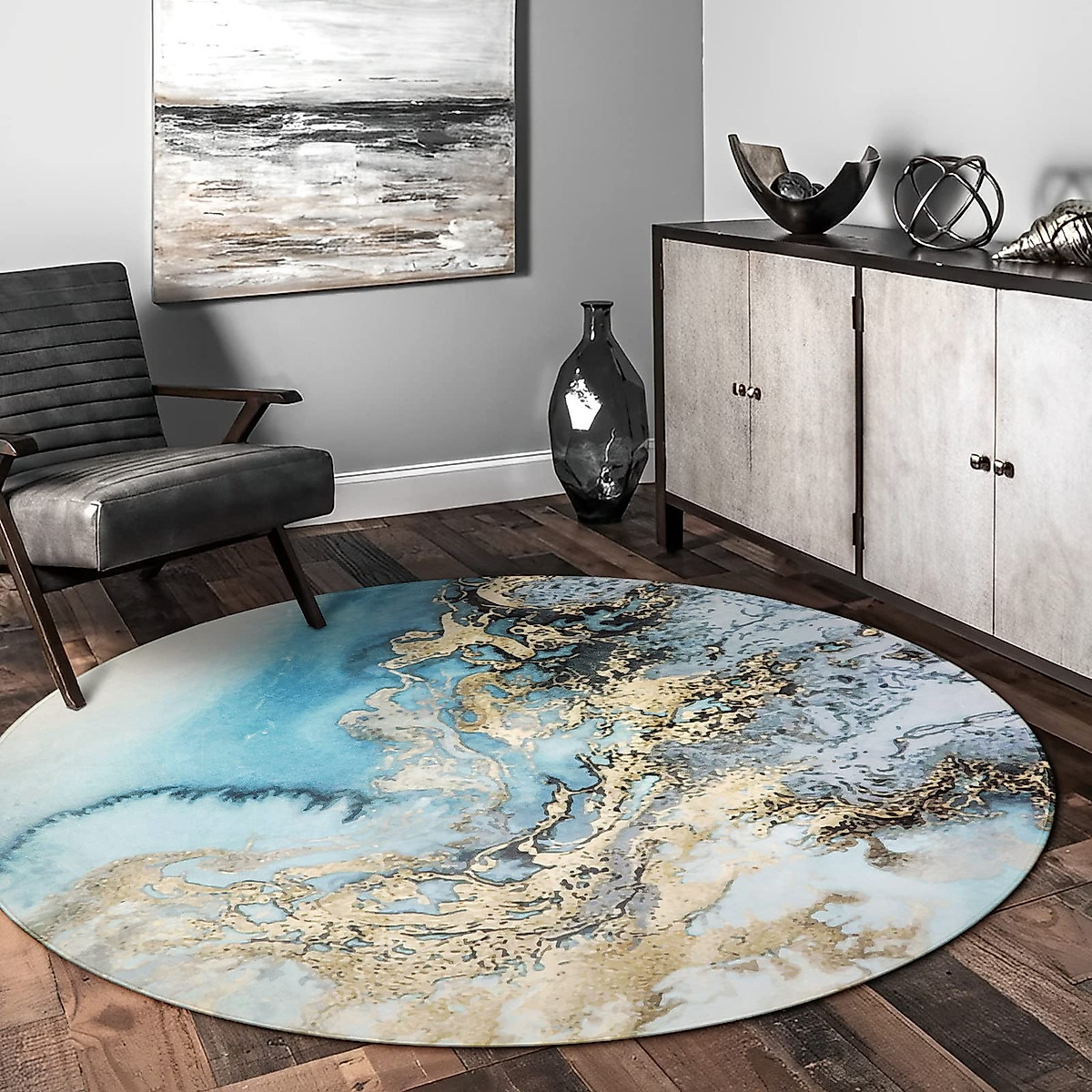 Lahome Marble Round Rugs - 6Ft Washable Large Round Living Room Area Rug Non-Slip Throw Blue Dining Room Rug Soft Ultra-Thin Circle Bedroom Rug Indoor Round Carpet for Office Kitchen Entrance