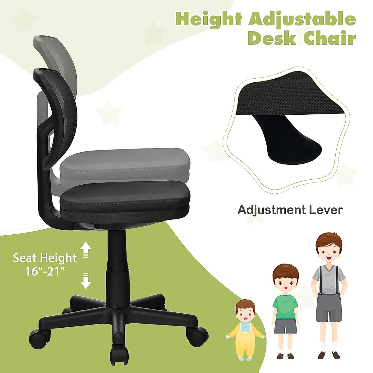 TOMANOR Kids Desk Chair - Armless Teens Girls Study Chair Small Kids Computer Chair Adjustable Swivel Mesh Task Chair for Home School Office Black