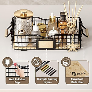 Qcold Bathroom Organizers and Storage, 3 Pack Storage Baskets for Shelves, Multipurpose Closet Storage Bins with Wooden Handle, Decor Organizer Basket Set for Bathroom, Laundry, Living Room - Black