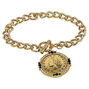 American Coin Treasures Italian 20 Lira Coin Toggle Charm Bracelet - Italian 20 Lire Goldtone Toggle Bracelet with Faceted Round Jet Glass Stones- Italian Medallion Bracelet