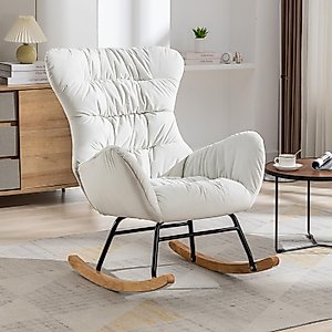 JEEOHEY Nursery Rocking Chair,Velvet Upholstered Glider Rocker Chair,Comfy Arm Chair,Modern Baby Rocking Accent Chair Indoor for Living Room, Bedroom,Office(Ivory)