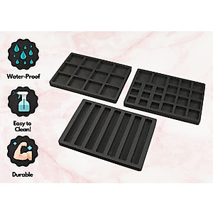 Polar Whale Stackable Jewelry Tray Display Organizer Grid for Home Bedroom Dresser Bathroom Vanity Drawer Durable Elegant Black Foam 14 x 10 Inches Bracelet Ear Ring Necklace and More 3 Piece Set