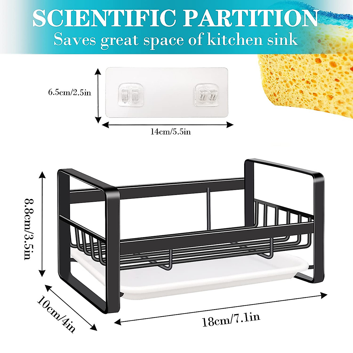 VANTEN Kitchen Sink Caddy Sponge Holder Sink Caddy Organizer, Sponge Holder for Sink, Sink Tray Drainer Rack, Soap Dish Dispenser Brush Holder Storage Kitchen Accessories -Countertop or Adhesive
