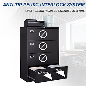 PEUKC 4 Drawer File Cabinet, Lateral Filing Cabinets for Home Office, Office Storage Drawers with Lock, Hanging Files Legal/Letter A4 Size (Assemble Required,Black)