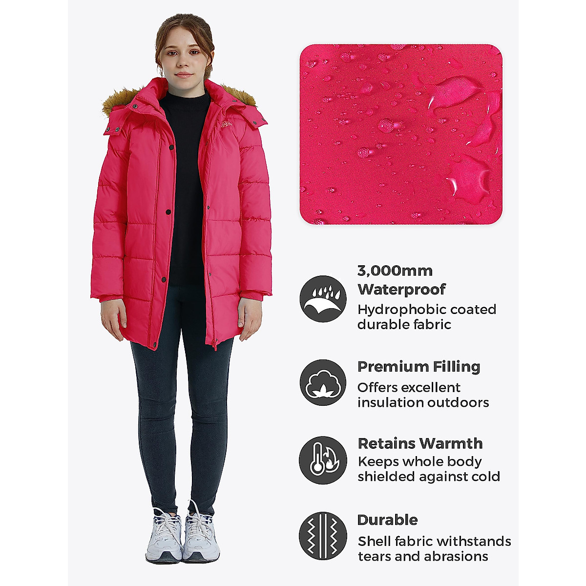 wantdo Girl's Winter Coats Long Puffer Coats Warm Fleece Jacket With Hood Rose Red 10-12