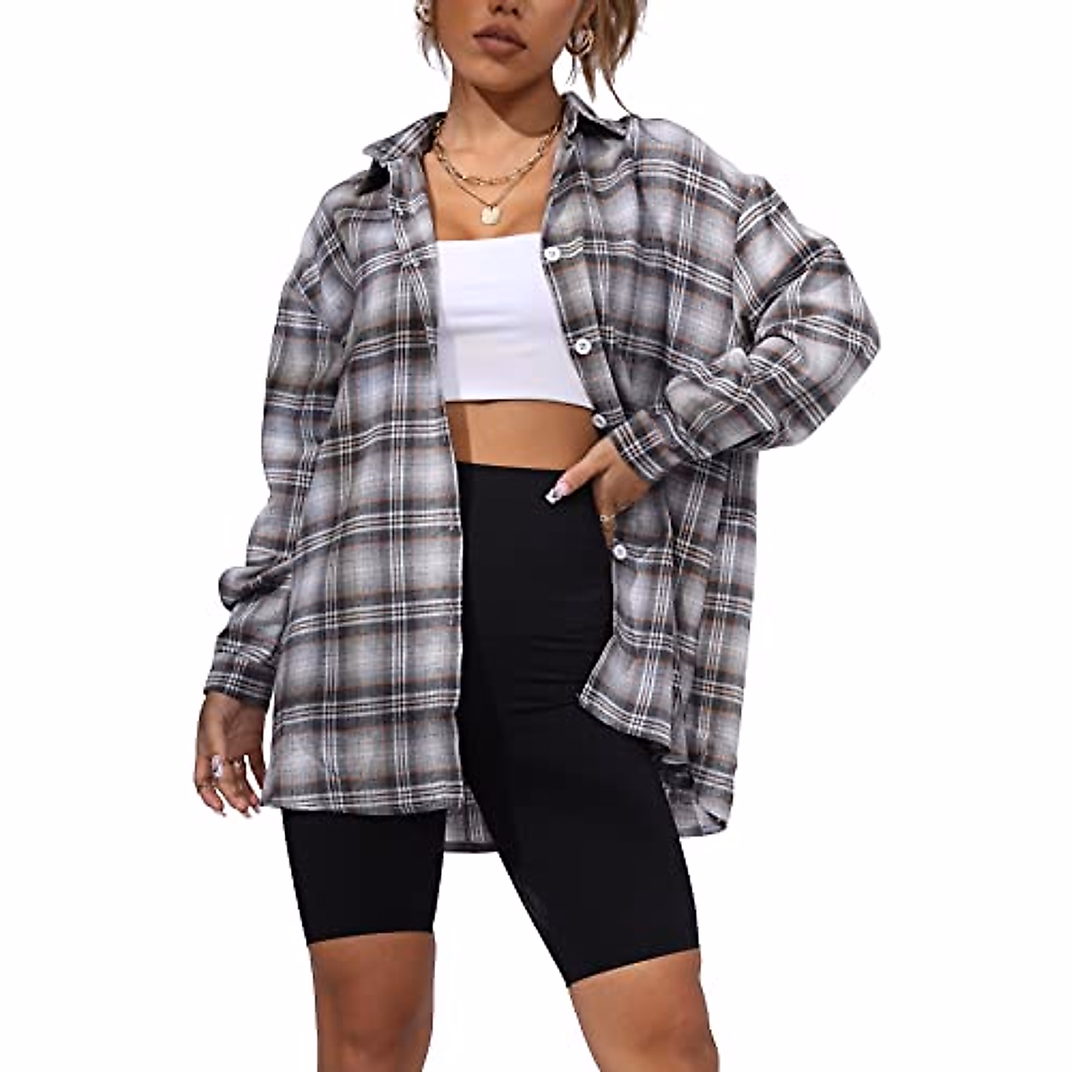 LYANER Women's Long Sleeve Plaid Collar Button Down Boyfriend Shirt Blouse Top Grey 3X-Large