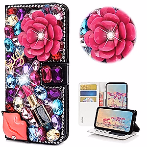 STENES Bling Wallet Phone Case Compatible with Samsung Galaxy Note 10 Plus - Stylish - 3D Handmade Crystal Rose Sexy Lips Lipstick Magnetic Wallet Leather Cover with Neck Strap Lanyard [3 Pack] - Red