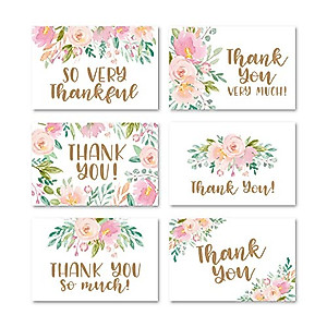24 Pink Blush Floral Thank You Cards With Envelopes, Great Note For Adult Funeral Sympathy or Gift Gratitude Supplies For Grad, Birthday, Baby or Bridal Wedding Shower Boy or Girl Watercolor Flower