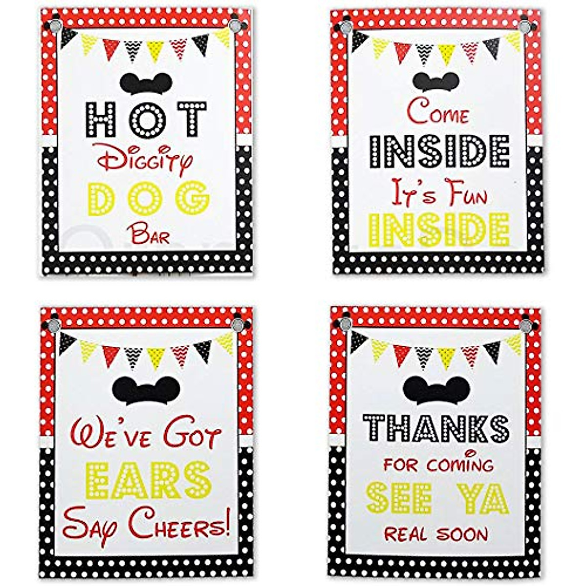 Mickey Party Sign Set of 4-8 x 10 inch Mickey Mouse Party Supplies Birthday Sign Printed in Card stock | Mickey Mouse Clubhouse Inspired Door Signs | Food Labels Disney Decorations Hot Dog Bar Decor