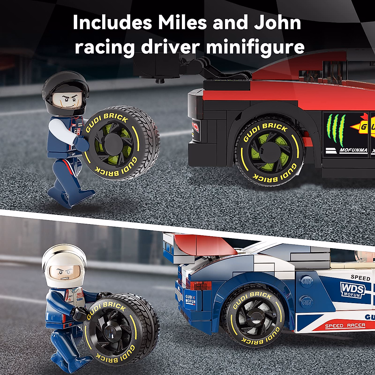 GUDI Speed Champion Race Car Building Kit for Boys 6-12, Pack of 2 STEM Building Toys with Driver Minifigures and Racing Sticker, Easy Assemble Ghost and Knight Car Building Blocks Set