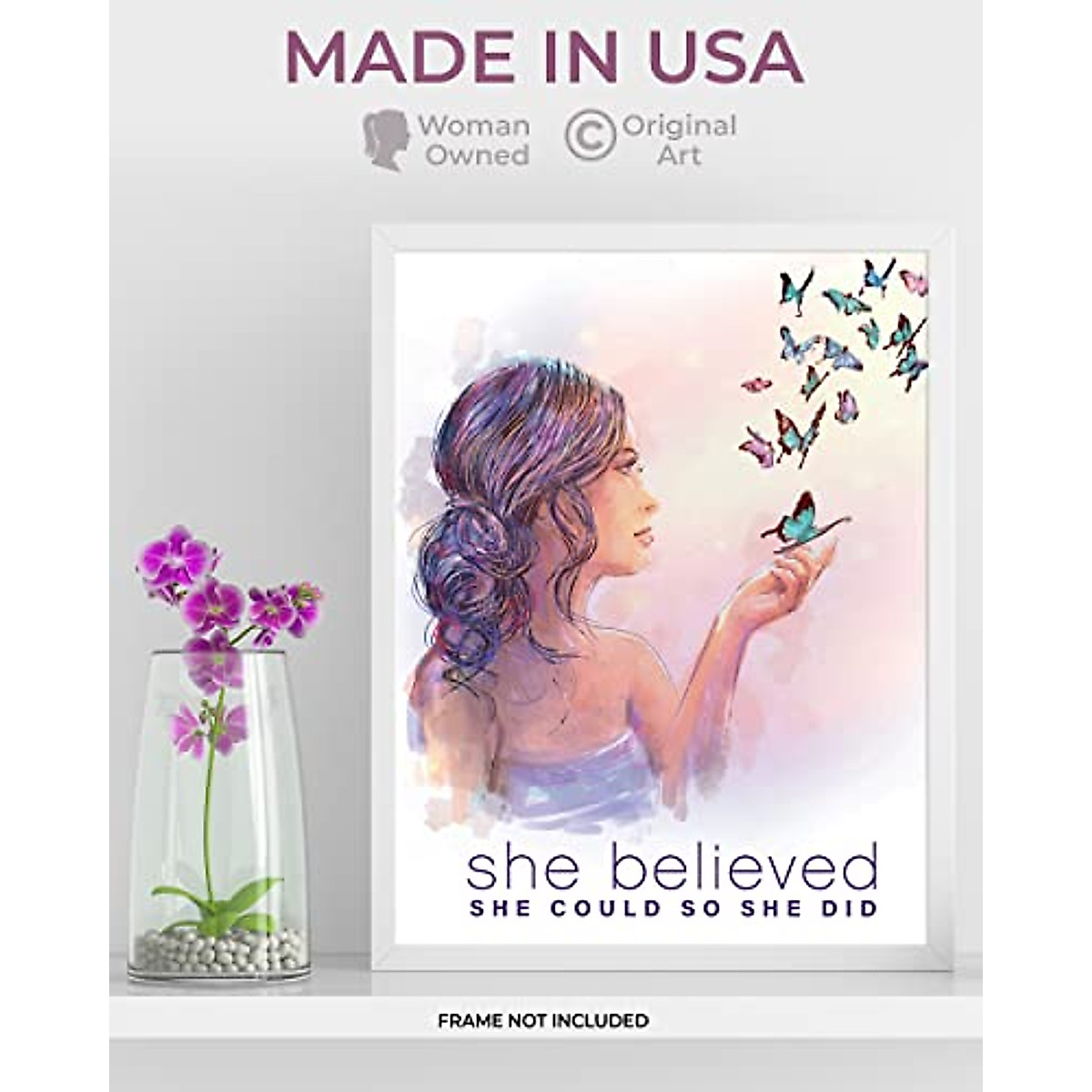 Inspirational 'She Believed She Could So She Did' Wall Art Poster Unframed, Positive Quotes Motivational Wall Decor for Women, Inspiring Girl & Butterflies Bedroom Wall Posters by Briteside Vibes