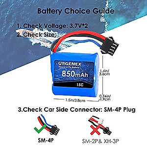 URGENEX Lipo Battery 850mAh 7.4V(2 x 3.7V) RC Boat Battery with SM-4P Plug UDI001 RC Boats Batteries Compatible with RC Boat UDI008