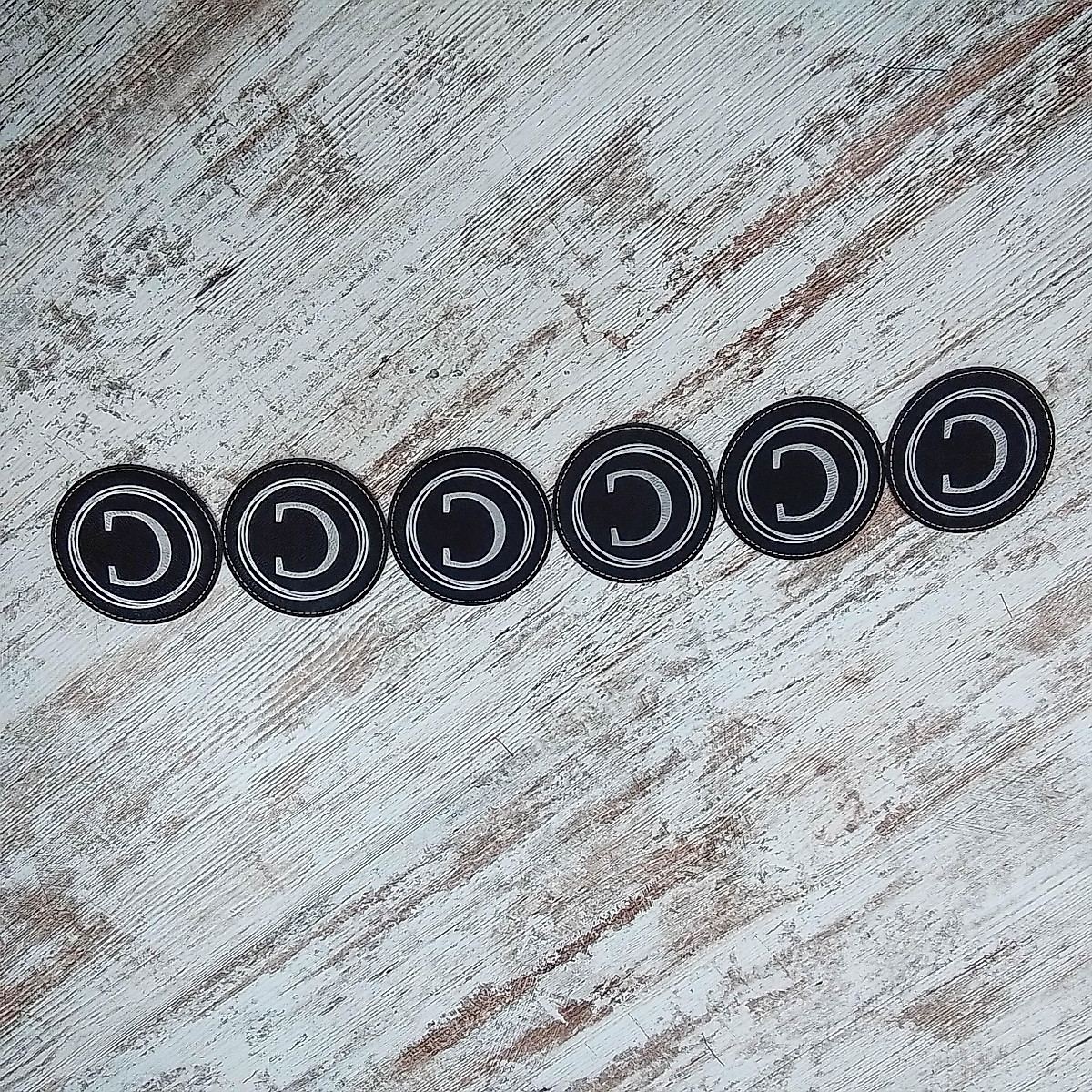 Round Handmade Coasters - Personalized Coasters Set of 6 - Custom Engraved Barware Decorations - Leather Bar Decor - Man Cave Father's Day Present (Black/Silver)