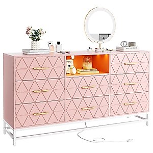GarveeHome Pink Dresser for Bedroom with 8 Deep Drawer, 59" TV Dresser Wooden Large Long Dresser with Power Outlet and LED Lights, Modern Chest of Drawers Storage Organizer for Living Room, Hallway