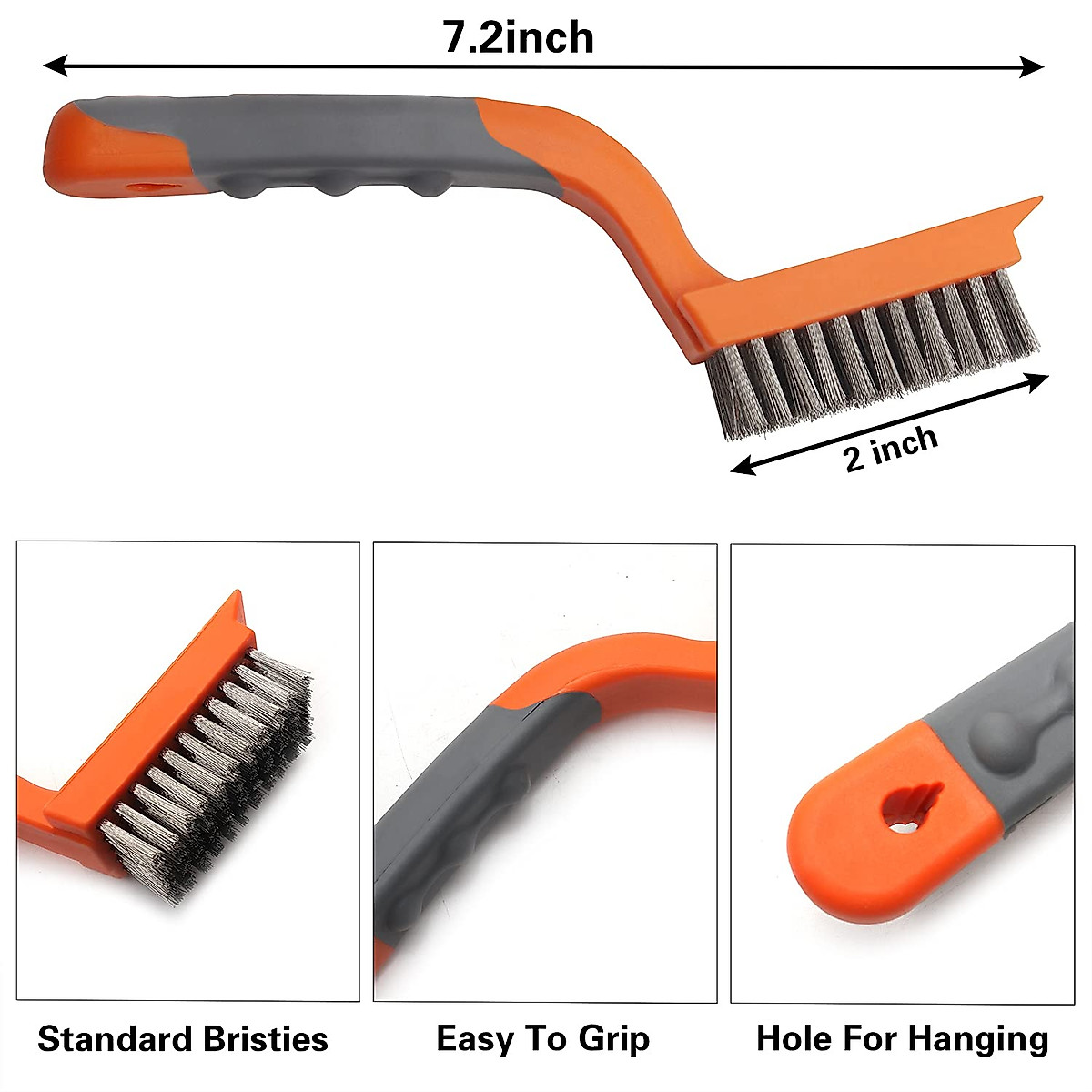 MAXMAN Wire Brush 3Pcs Brass/Stainless Steel/Nylon Wire Brushes for Cleaning Rust Bristle Brush Set with Rubber Curved Handle Grip Used for Dirt, Paint Remover (Orange+ Gray)