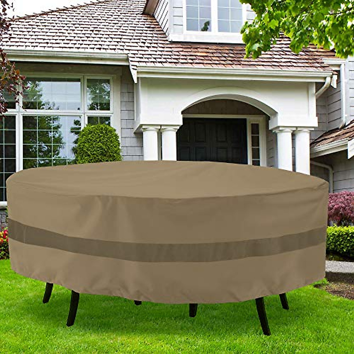 SunPatio Patio Round Table and Chairs Cover, Heavy Duty Waterproof Patio Furniture Set Cover for Outdoor Dining Set, Veranda Patio Furniture Cover for All Weather Protection, 84" Dia x 30" H, Taupe