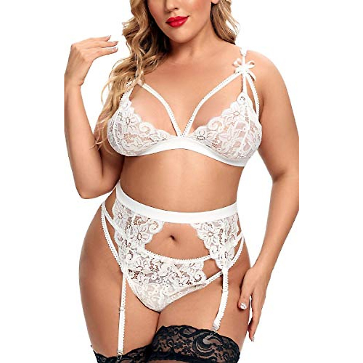 Women Plus Size Lingerie - Sexy Bow Lace Bodysuit Exotic Strap Harness Bra Panty Garter Belt 3pcs Set(White,3XL,688a)