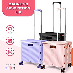 Foldable Utility Cart Collapsible Portable Tool Cart with Wheels Tote Basket,176LBS Load Capacity,Magnetic Lid Telescopic Cover with 360° Wheels Telescoping Handle for Grocery Laundry Luggage,Pink
