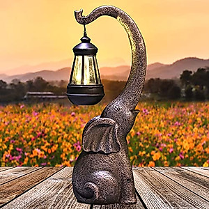 15 inch Outdoor Sculpture Figurine Statue Elephant Decor with Solar Powered LED Lights, Garden Statues for Garden Patio Home Yard Décor Good Luck Elephant for Women, Mom Gifts Housewarming Gift