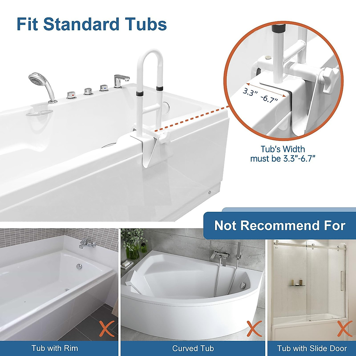 HEPO Grab Bars for Bathtubs and Showers, Adjustable Bathtub Safety Rail for Seniors, Tub Grab Bar for Bathroom, Assistance Bathtub Handle Clamp for Elderly Bath Support, White